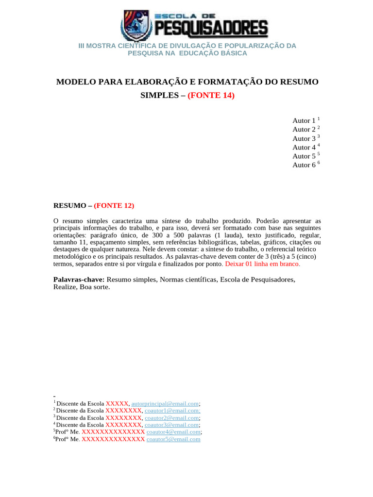 Modelo para Elaboração e Formatação Do Resumo Simples - Escola de ...