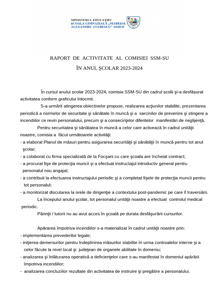 Raport Activitate Comisie SSM-SU 2023-2024 | PDF | Romania
