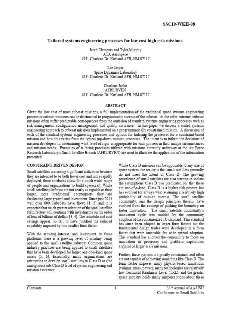 Tailored Systems Engineering Processes For Low Cost High Risk Mis | PDF ...