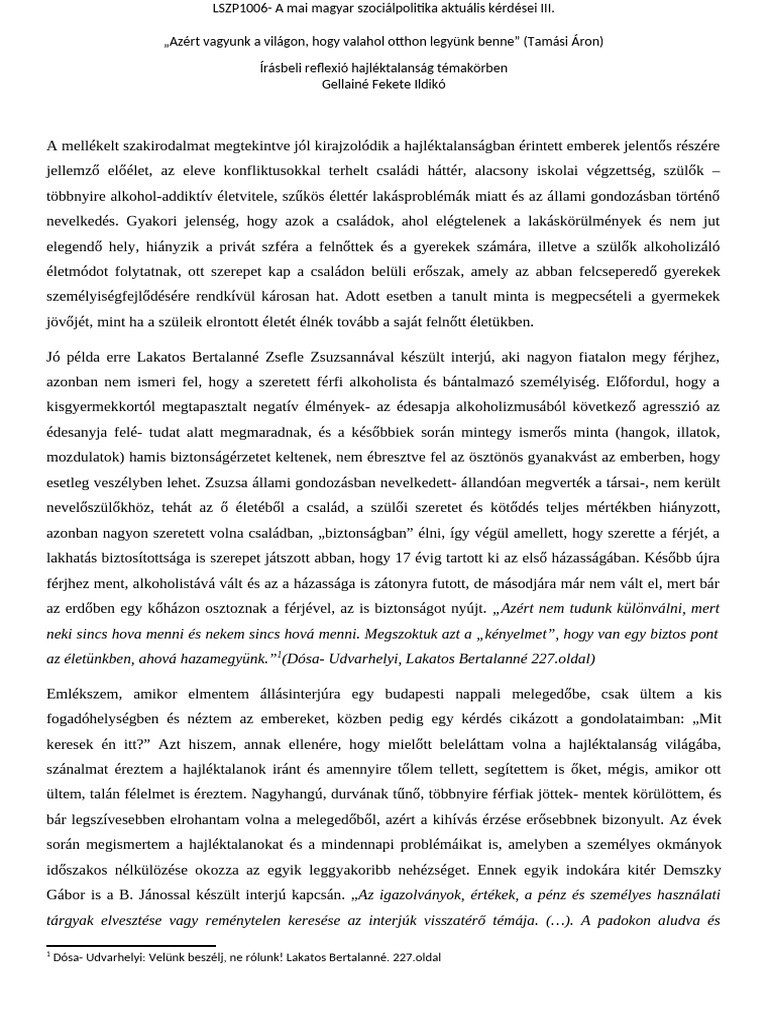 Írásbeli Reflexió Hajléktalanság | PDF