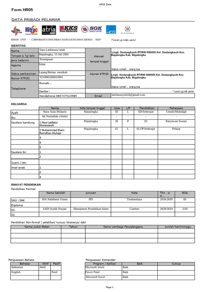 Form HR005 Data Pelamar | PDF