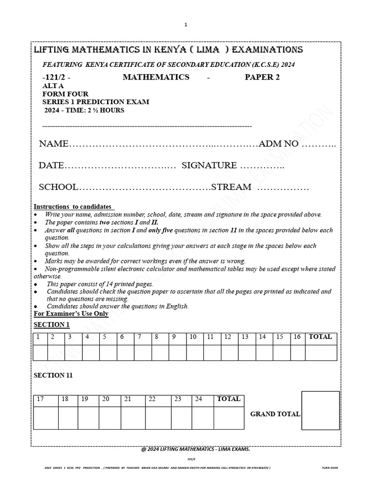 Lima Math Prediction Series 1 Pp2 | PDF