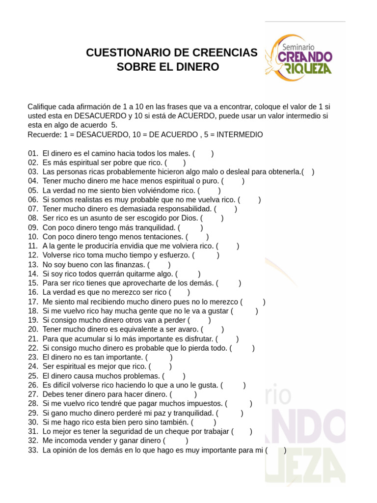 2 Cuestionario de Creencias Sobre El Dinero | PDF