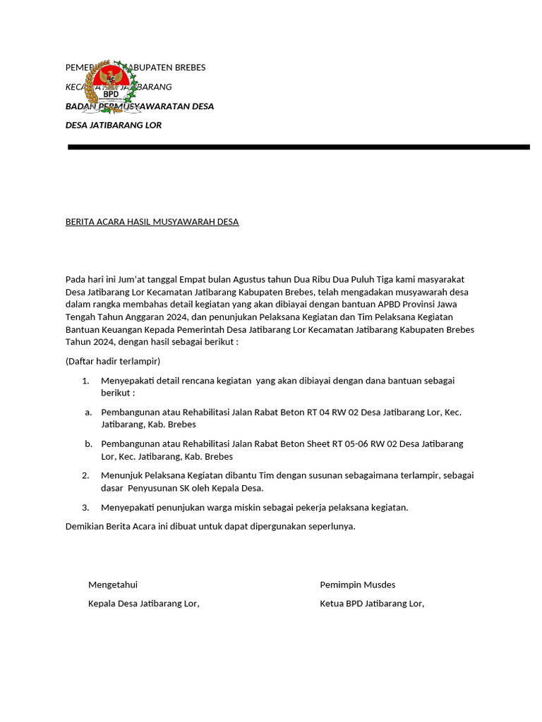 Berita Acara Musdes | PDF