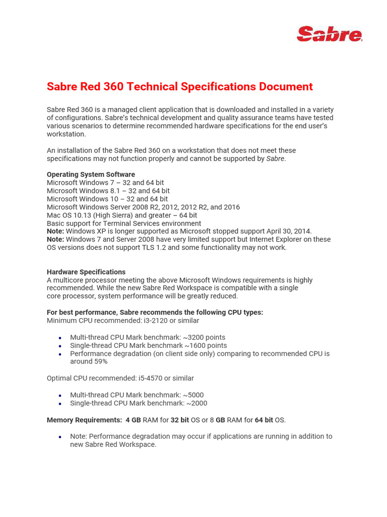Sabre Red 360 Technical Specificiations | PDF
