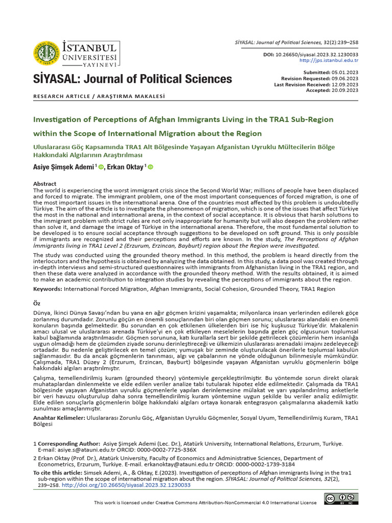 Investigation of Perceptions of Afghan Immigrants Living in The TRA1 ...