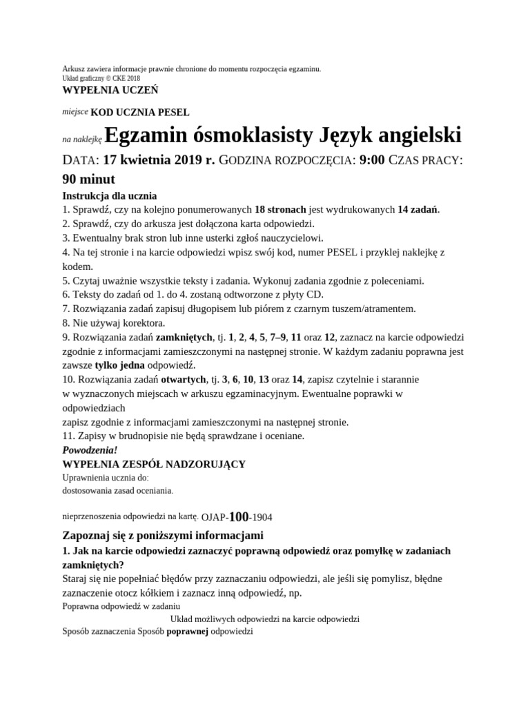 Egzamin 8klasisty Angielski | PDF
