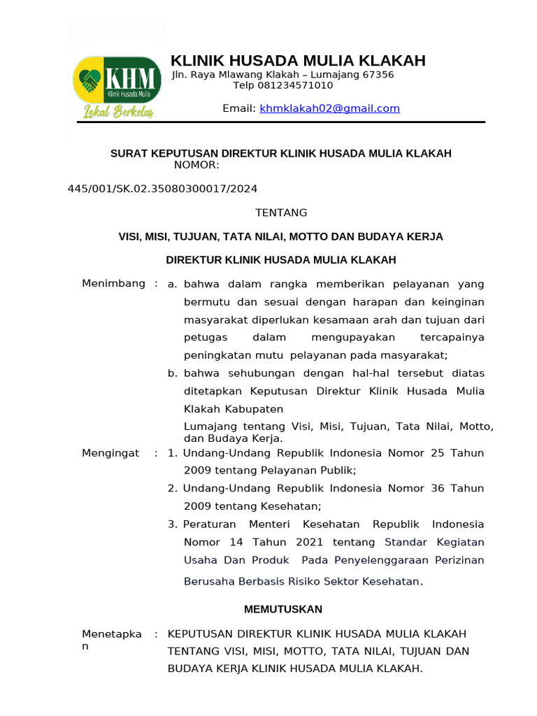 01 SK Visi, Misi, Motto, Tata Nilai, Tujuan, Budaya Kerja KHM Klakah | PDF