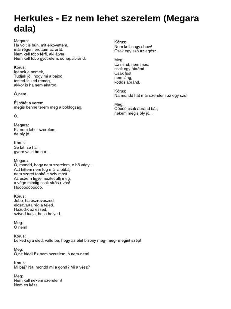 Herkules - Ez Nem Lehet Szerelem (Megara Dala) | PDF