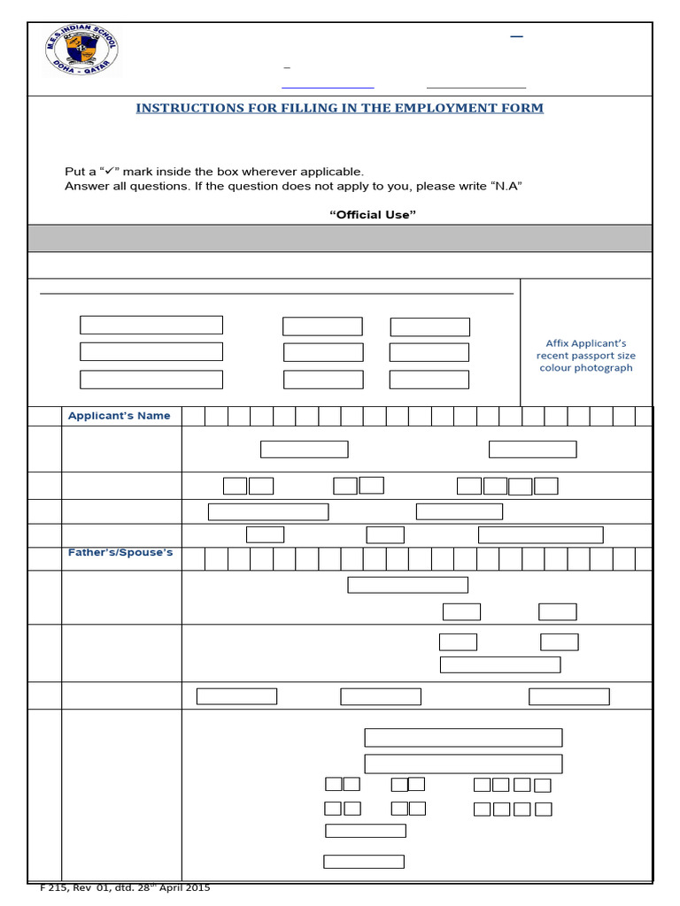 F 215 - Application Form For The Post of Teacher Rev 01 | PDF