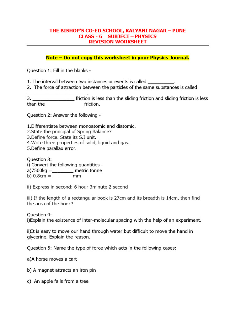 16082024013737class 6 Physics RevisionWorksheet 16thaug2024 | PDF