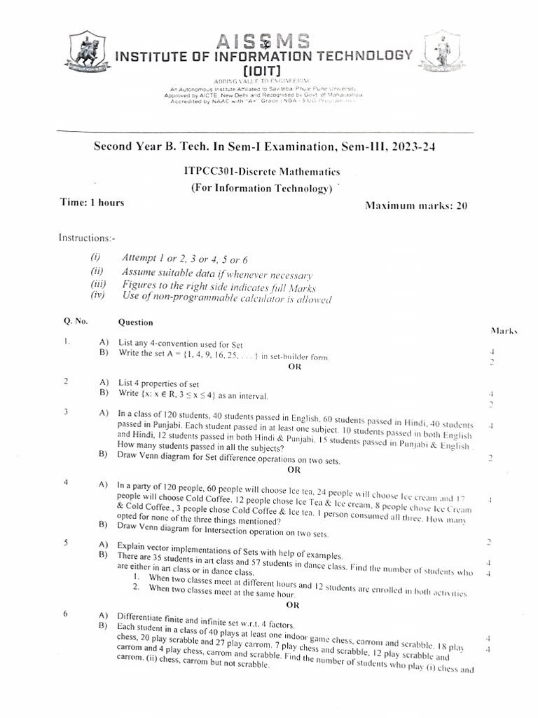ITPCC302 - Discrete Mathematics S.Y. B. Tech. in Sem-I, Sem-IlII, Oct. 2023-24 | PDF | Higher ...