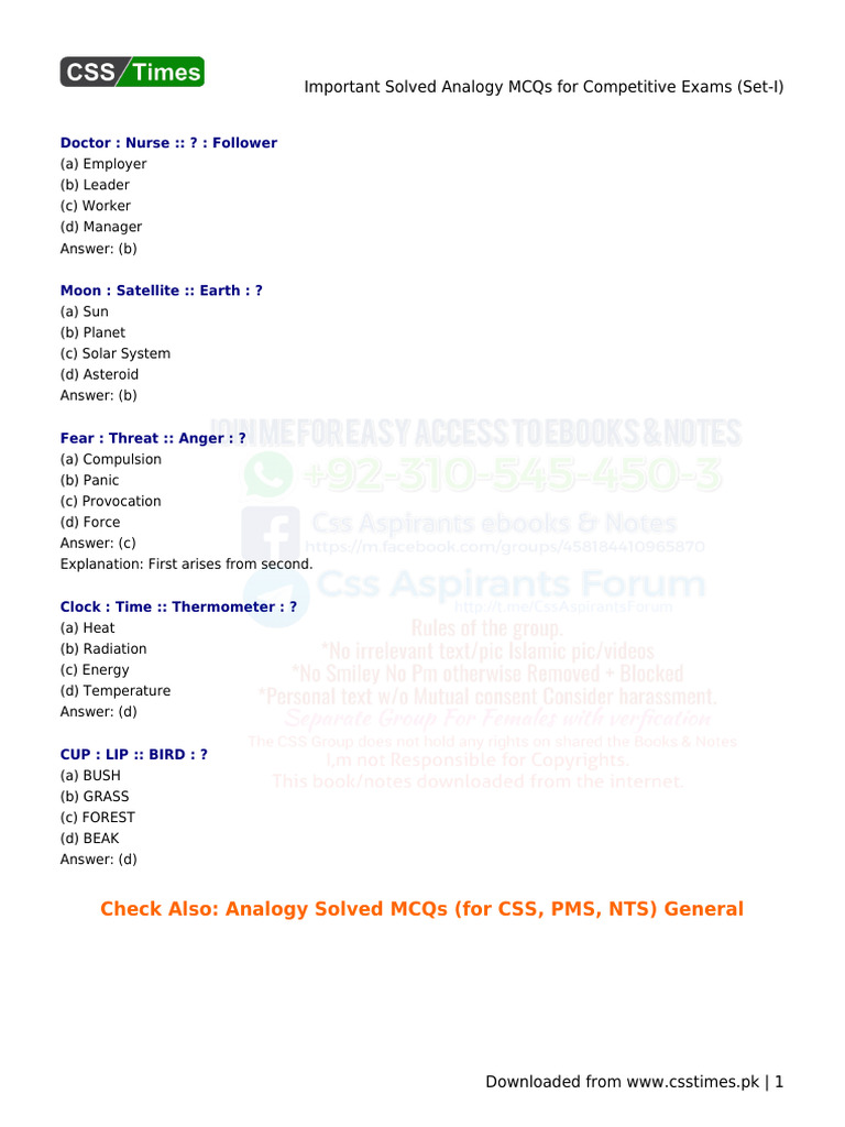 Important Solved Analogy MCQs 1 2 | PDF