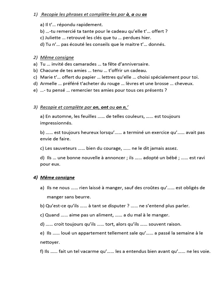 Exercices sur les homophones grammaticaux | PDF