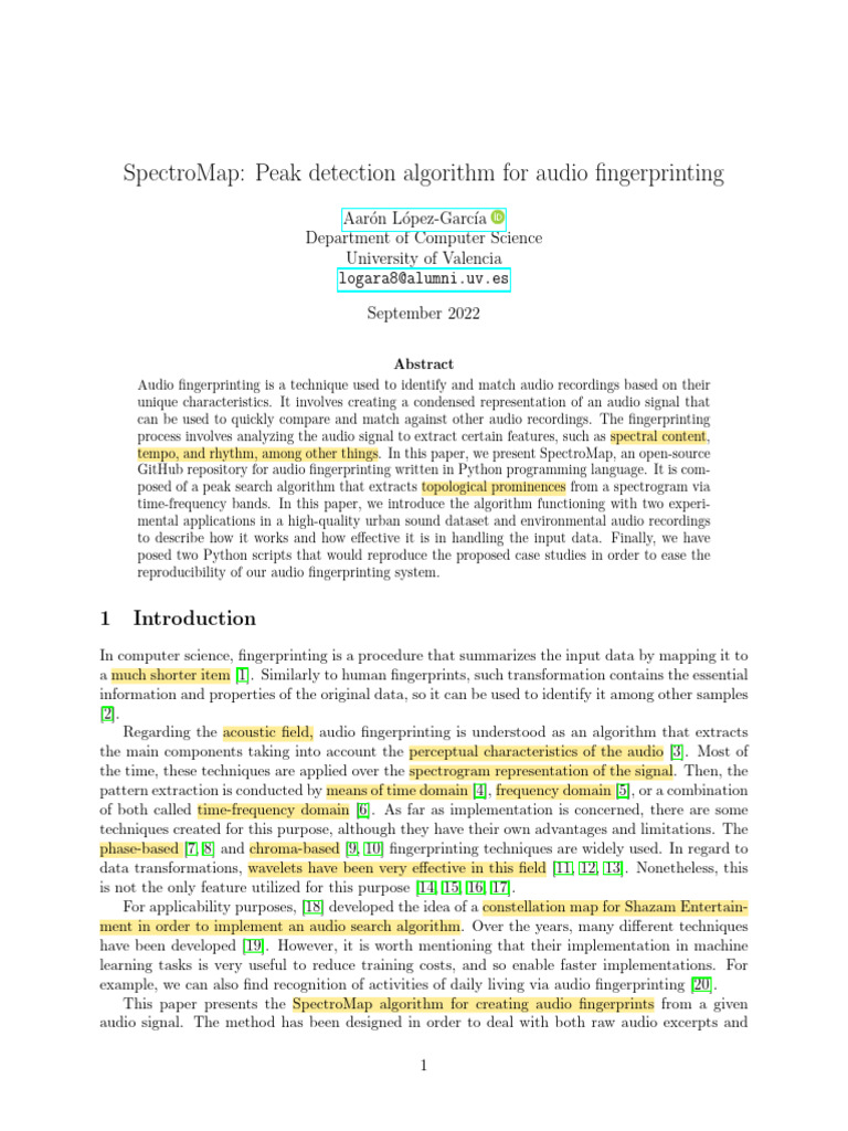 Spectromap: Peak Detection Algorithm For Audio Fingerprinting | PDF