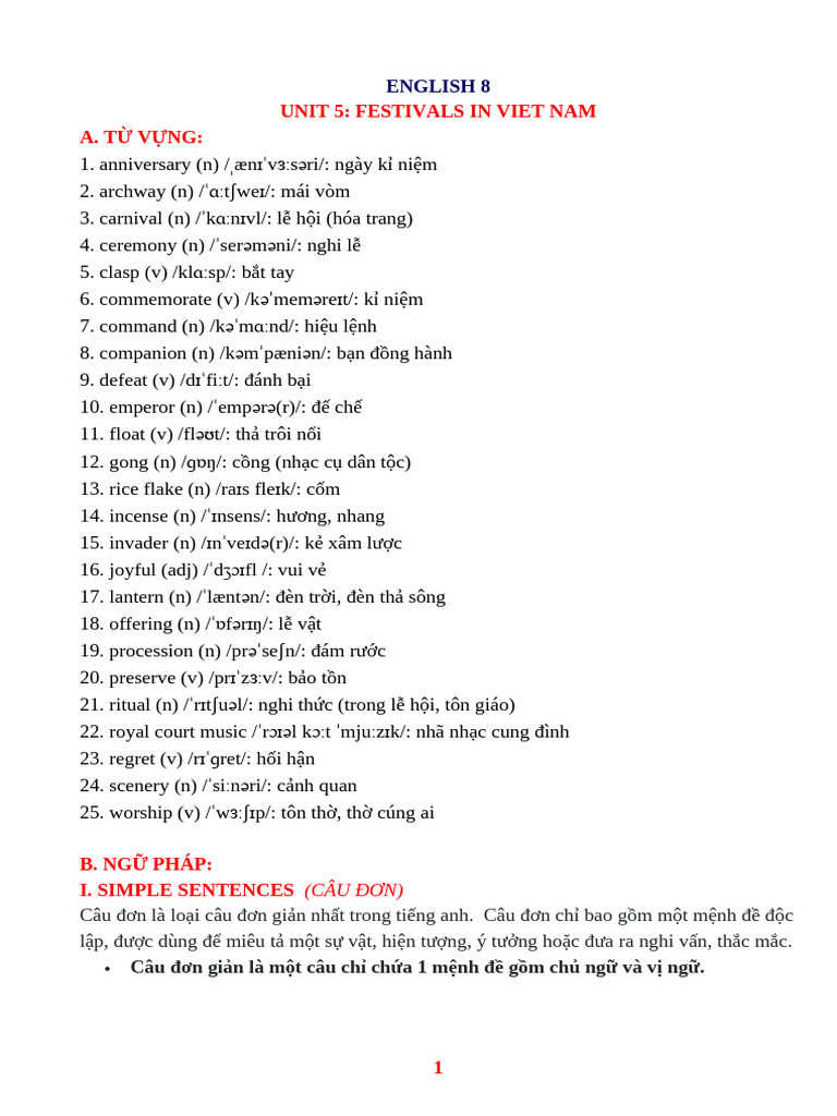 Bài tập Anh 8 theo unit E8 UNIT 5 | PDF