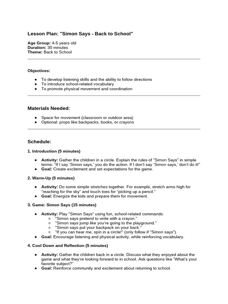 Lesson Plan - Simon Says - Back To School - , Ms 25.09.20204 | PDF