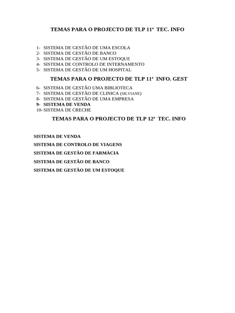 Temas para o Projecto de TLP 11 e 12 | PDF