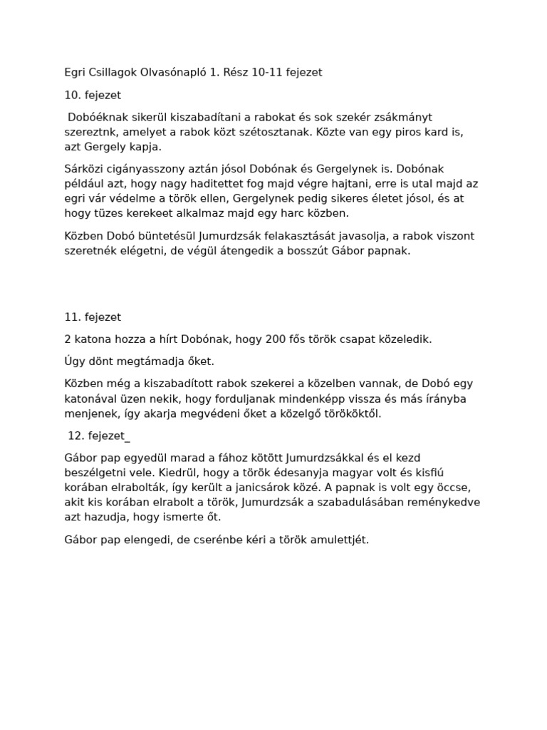 Egri Csillagok Olvasónapló 1. Rész 10-11 Fejezet | PDF