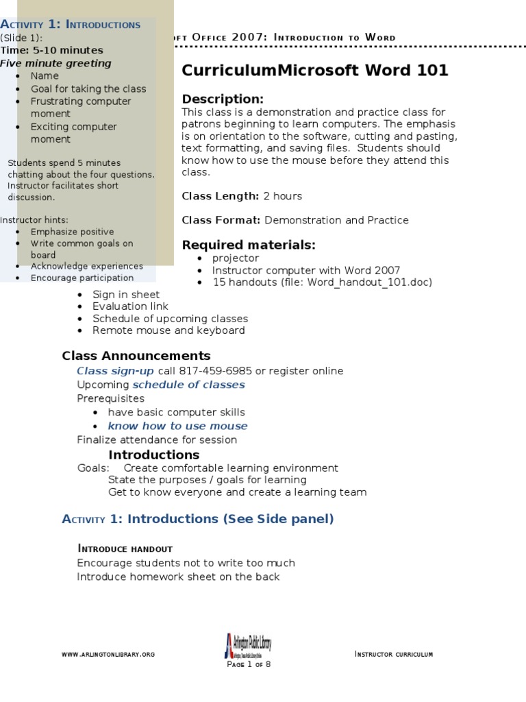 Arlington Public Library MSWord 101 | PDF | Microsoft Word | Graphical ...