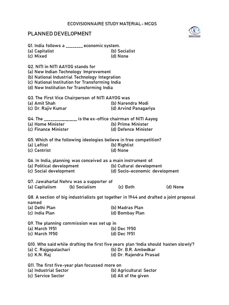 MCQs PLANNED DEVELOPMENT | PDF | Economy Of India | Government Of India