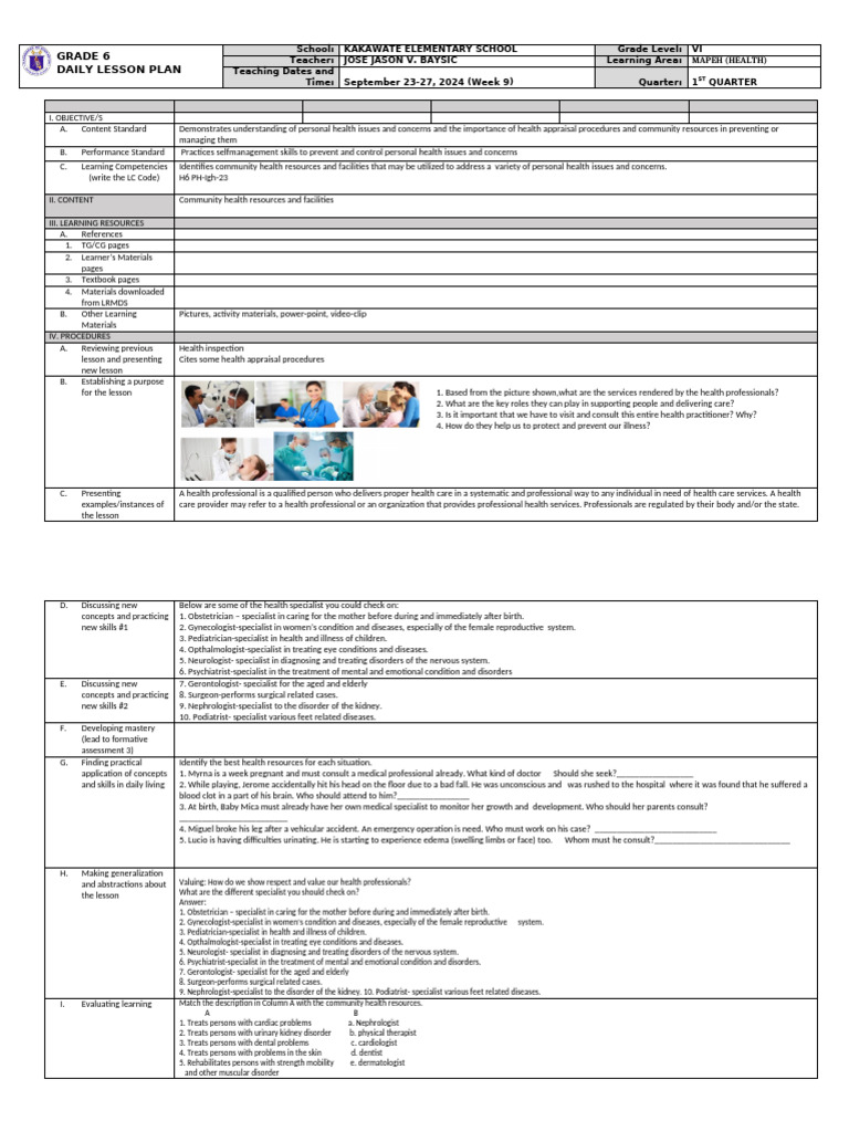 DLL MAPEH 6 Q1 W9 Health 1 | PDF | Neurology | Health Professional