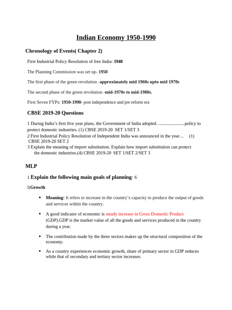 Indian Economy 1950-1990 Notes | PDF