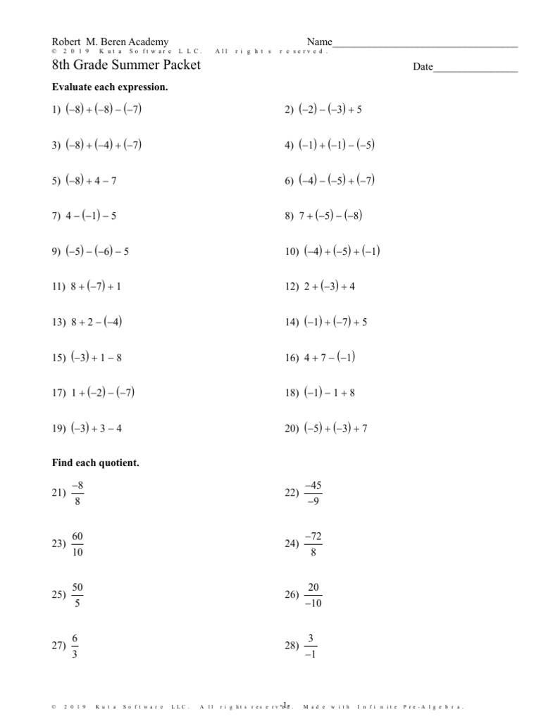 8th Grade Pre-Algebra Summer Packet | PDF