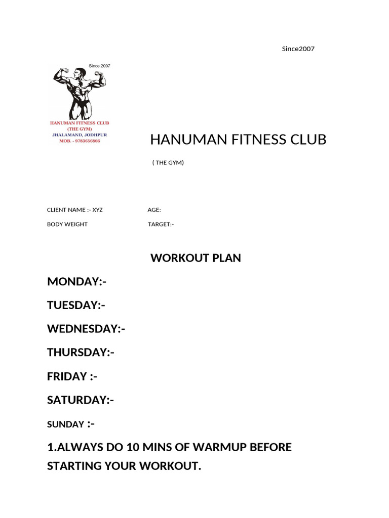 Hanuman Fitness Club Workout Plan | PDF