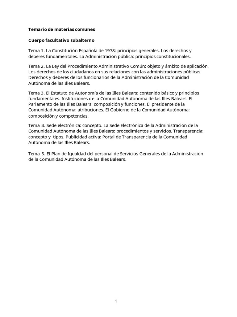 Cos Facultatiu Subaltern Temari de Materies Comunes Cast | PDF