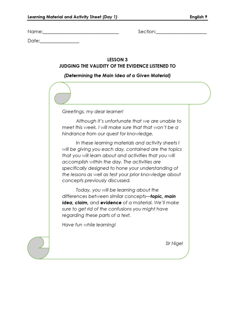 Grade 9 Day 1learning Material and Activity Sheet | PDF