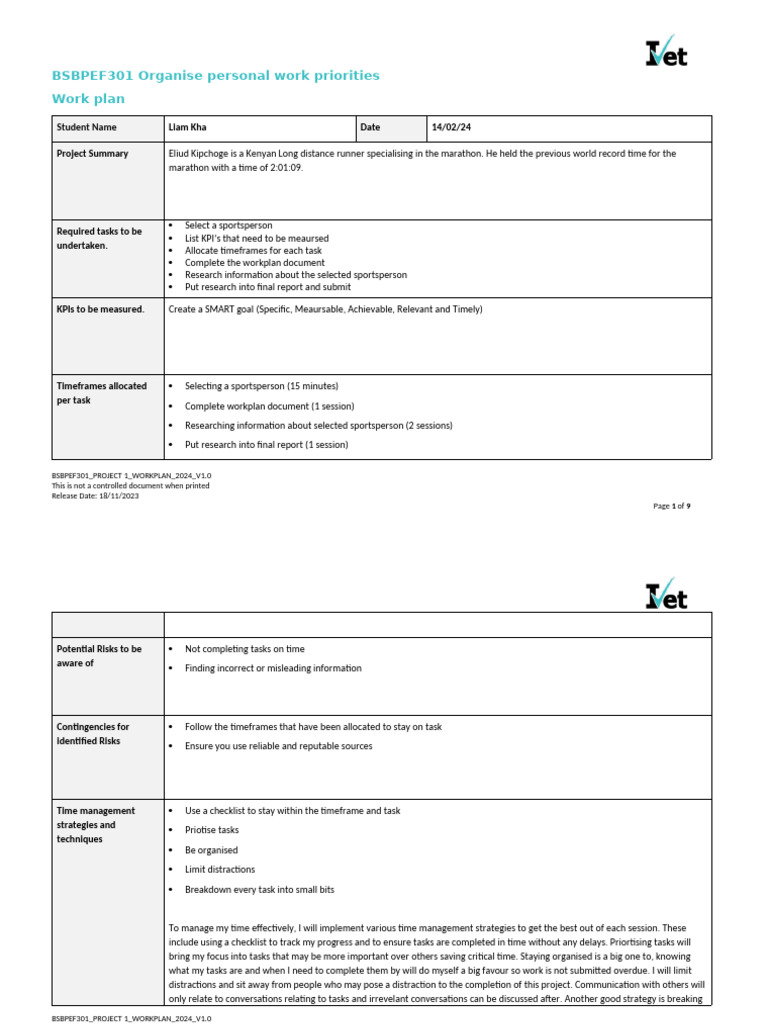 ASSESSMENT Template - Project 1 Workplan | PDF