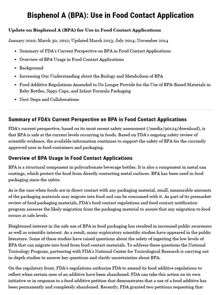 Bisphenol A (BPA) - Use in Food Contact Application - FDA | PDF | Food ...