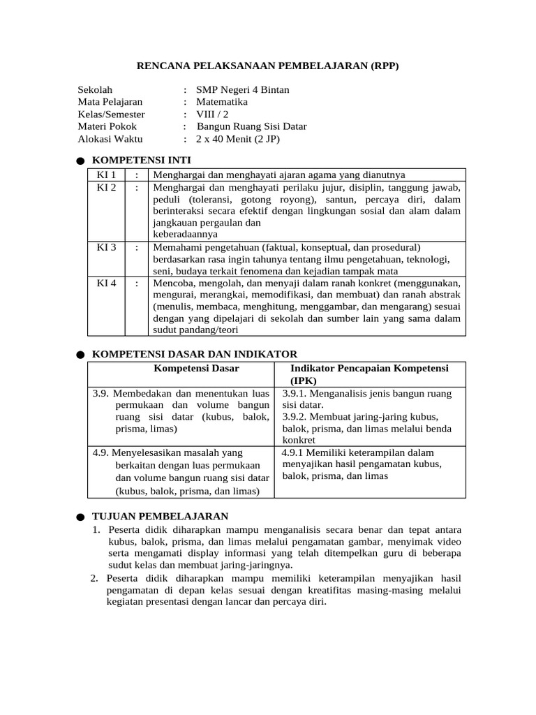 RPP Bangun Ruang Sisi Dasar K13 | PDF