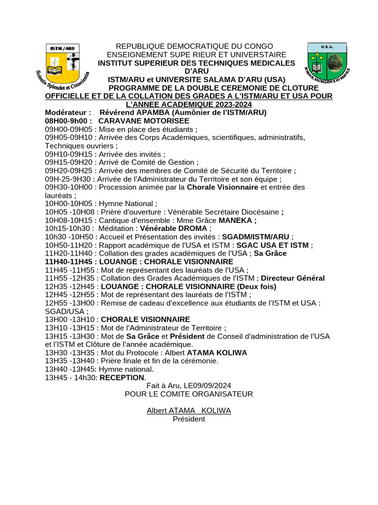 Programme de La Collation Des Grades Academiques 2023-2024 | PDF