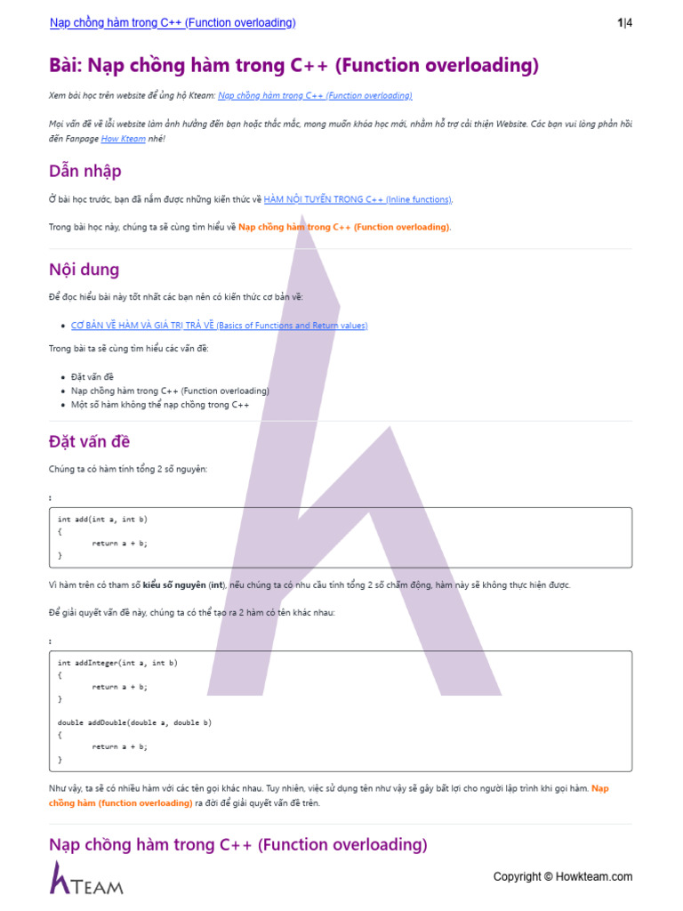 HOWKTEAM - VN - N P CH NG Hàm Trong C++ (Function Overloading) | PDF