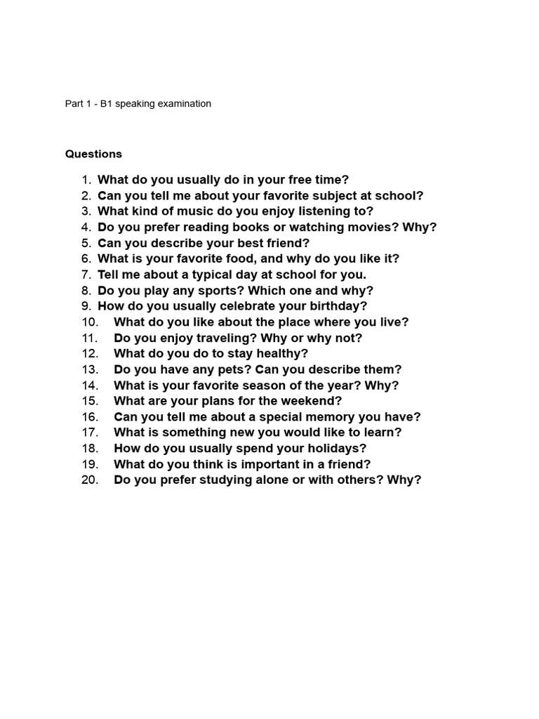 Part 1 - B1 Speaking Examination | PDF | Lifestyle