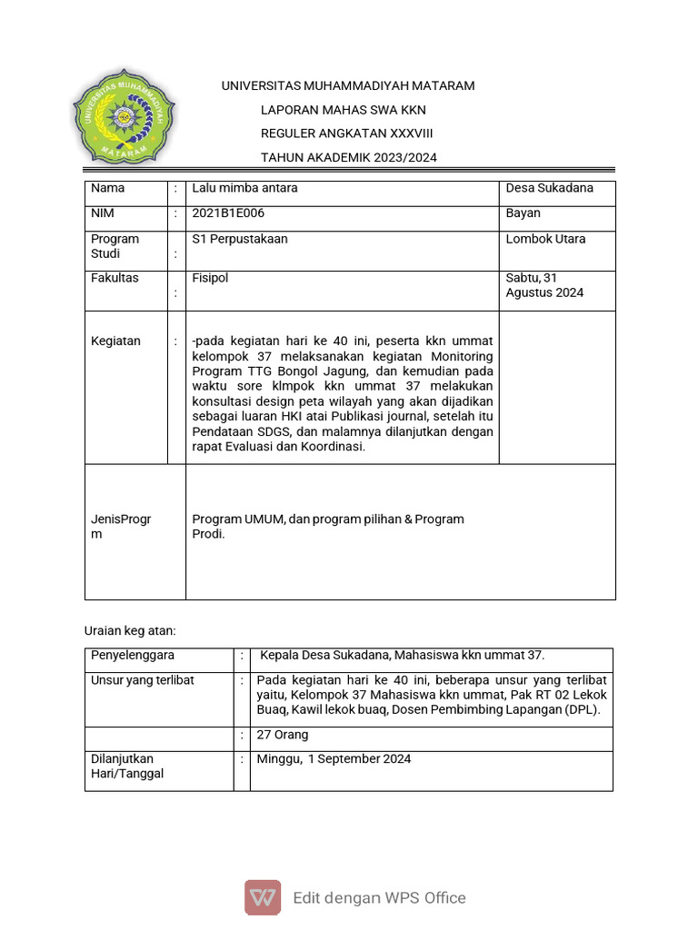 Laporan Harian KKN Hari Ke 40 Mimba | PDF