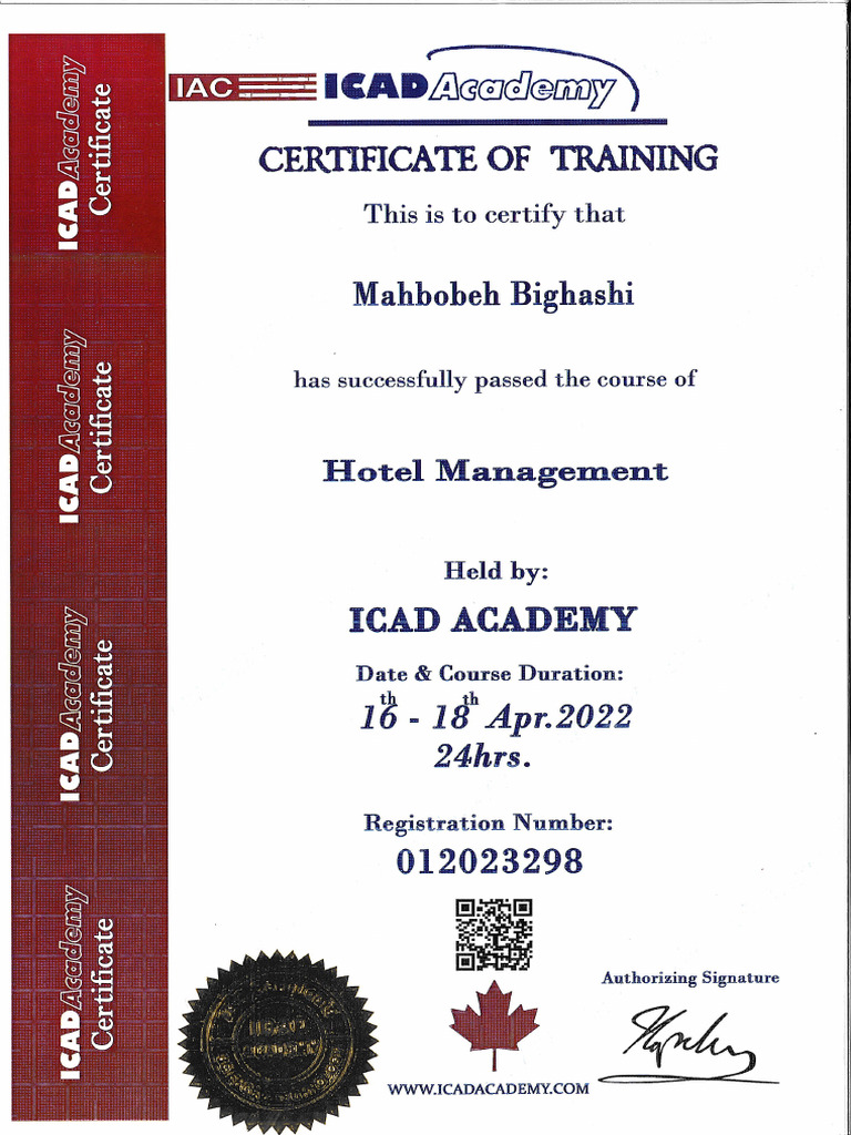 Certificate - Hotel Management - ICAD - MBighashi - Apr2022 | PDF