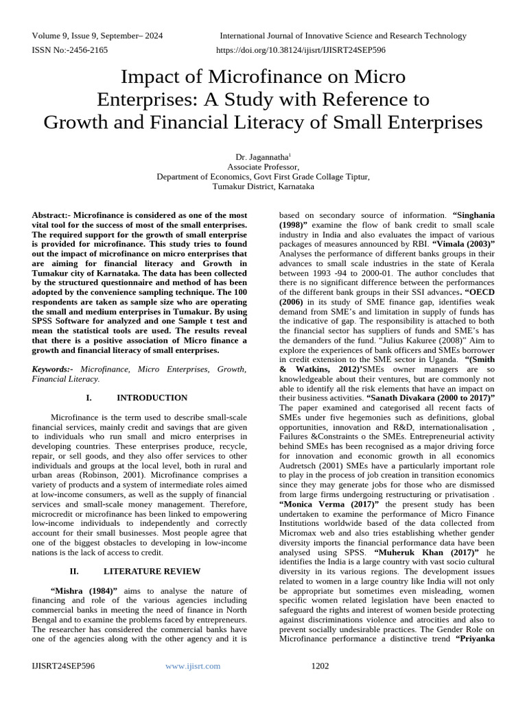 Impact of Microfinance On Micro Enterprises: A Study With Reference To Growth and Financial ...