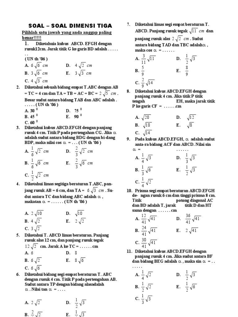 Soal Ulangan Dimensi Tiga | PDF