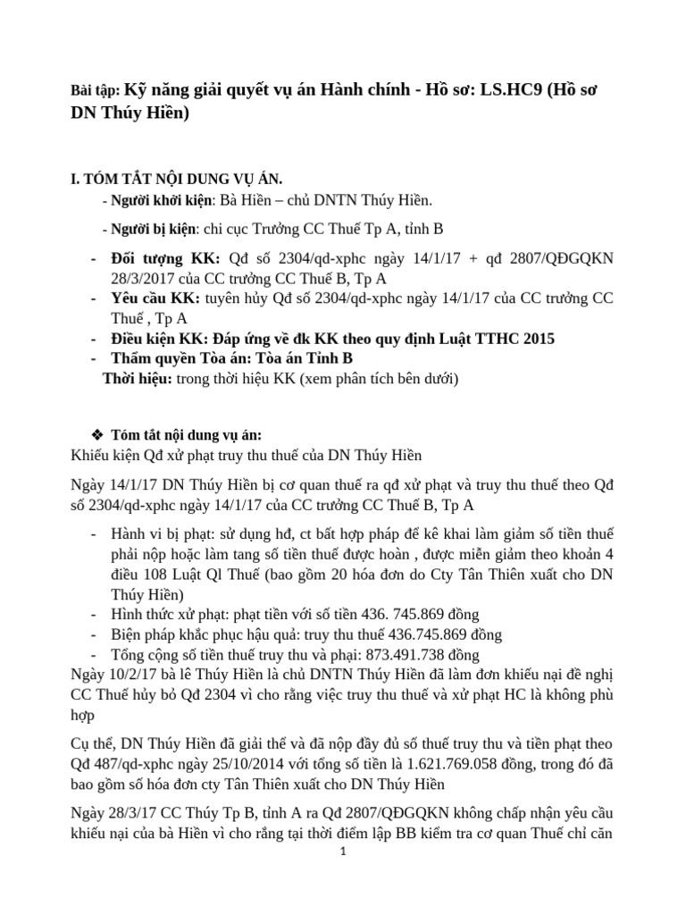 Bai Thu Hoach Ho So Hanh Chinh 09 Ls HC 09 | PDF