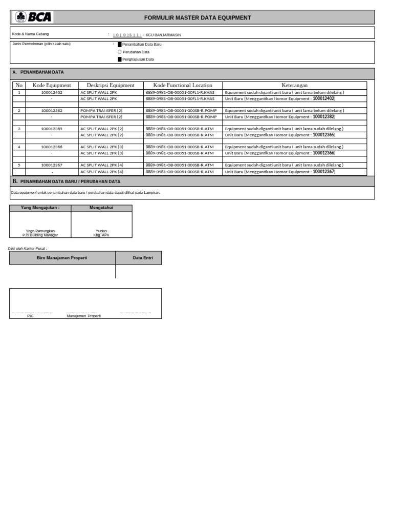 Form EBI Pergantian AC DAN POMPA - KCU Banjarmasin | PDF