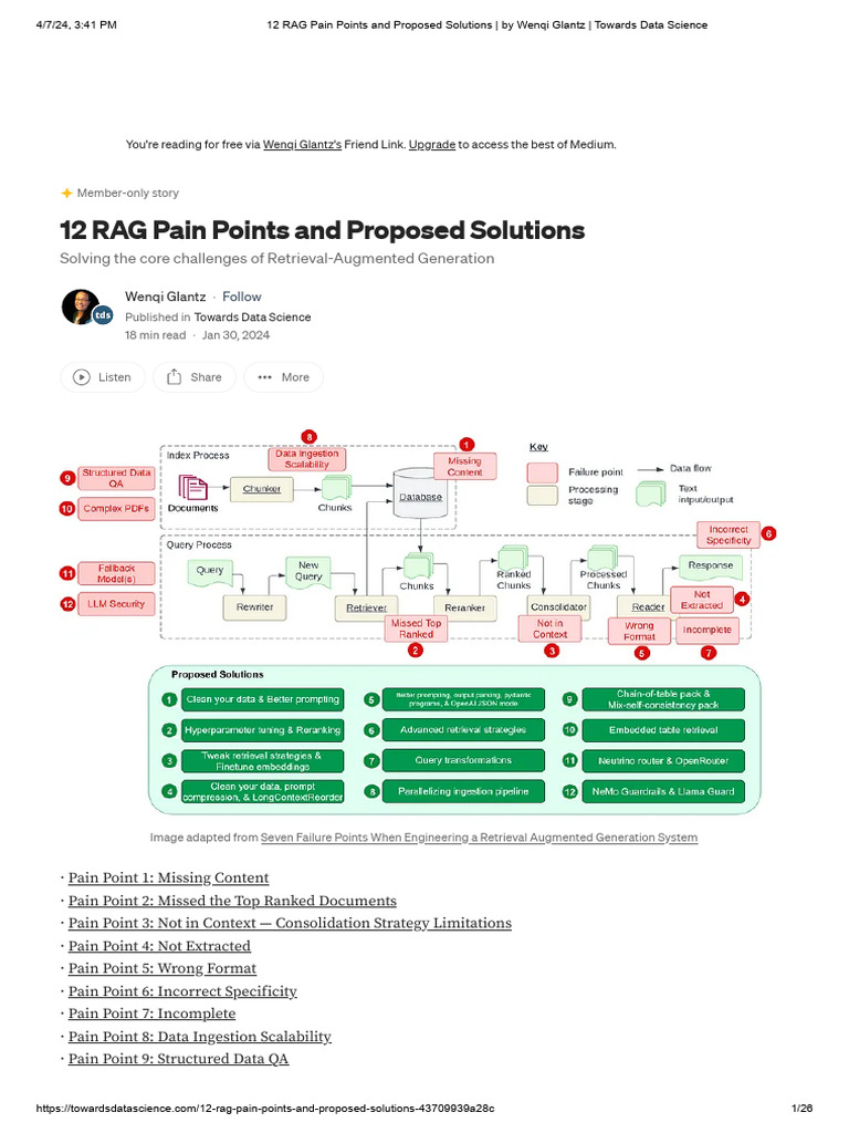12 RAG Pain Points and Proposed Solutions - by Wenqi Glantz - Towards Data Science | PDF