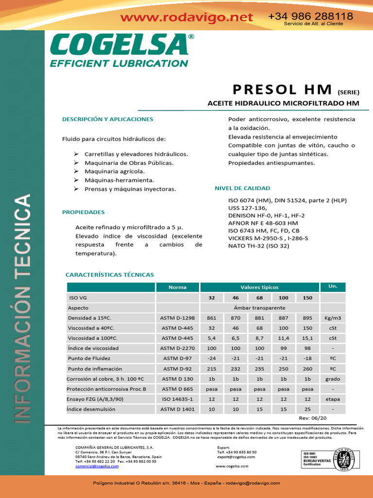 Aceite Hidraulico Microfiltrado HM Presol HM Cogelsa | PDF