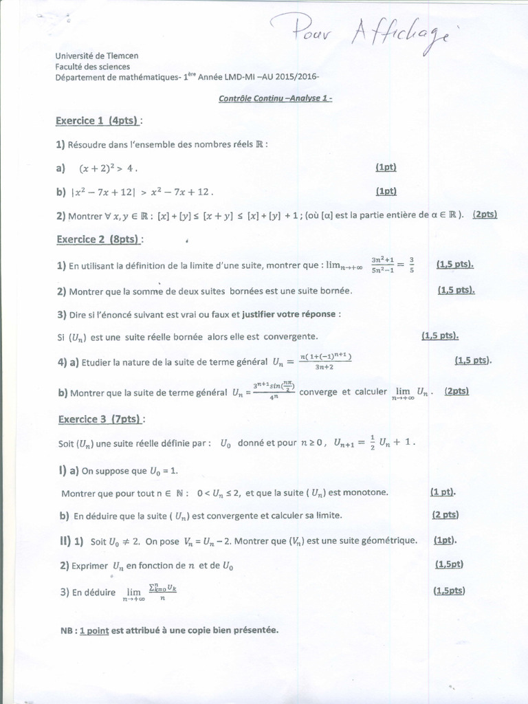 Sujet Corriger CC Analyse1 | PDF