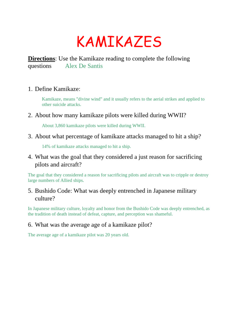 Kamikaze Worksheet | PDF