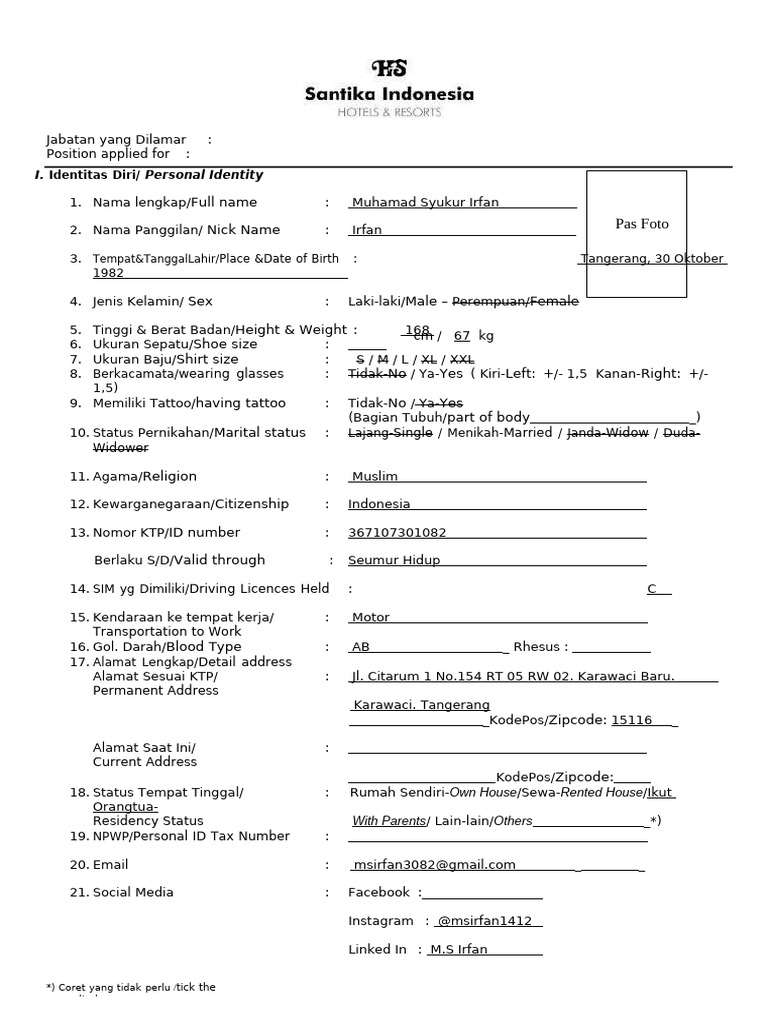 01 Application Form Santika (Staff) | PDF