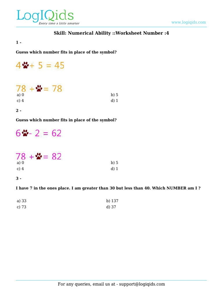 Skill: Numerical Ability::Worksheet Number:4: 1 - Guess Which Number Fits in Place of The Symbol ...