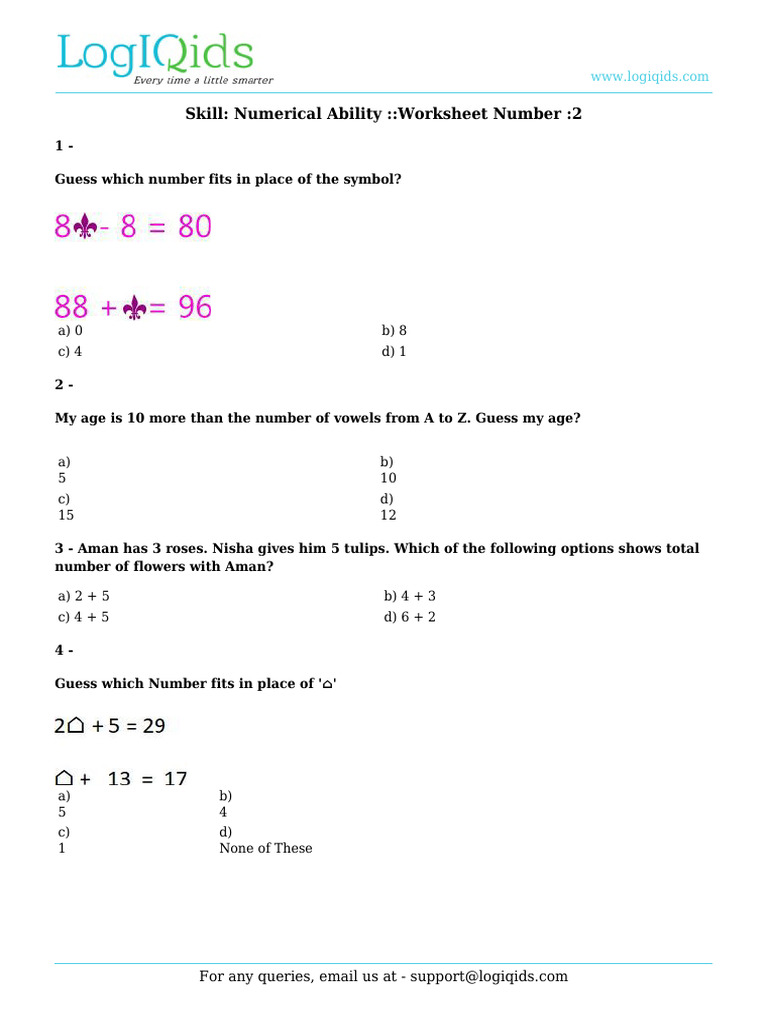 Skill: Numerical Ability::Worksheet Number:2: A) 0 B) 8 C) 4 D) 1 | PDF